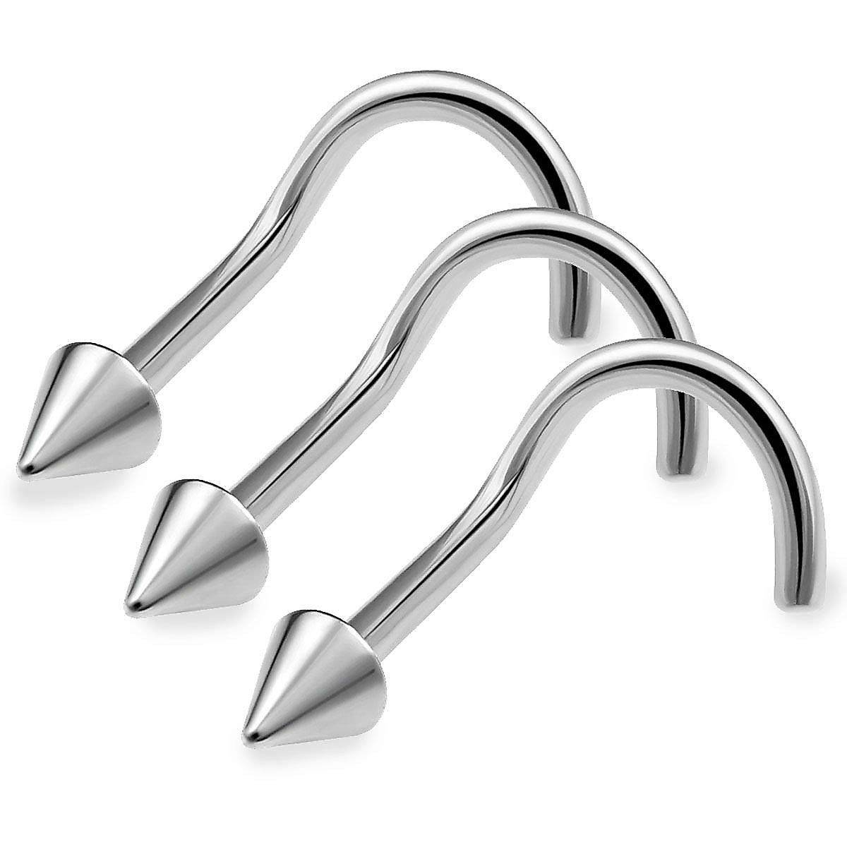 bodyjewellery 3pcs 20g 0.8mm Nose Screw Rings Nostril Stud Surgical Stainless Steel 2mm Cone Spike