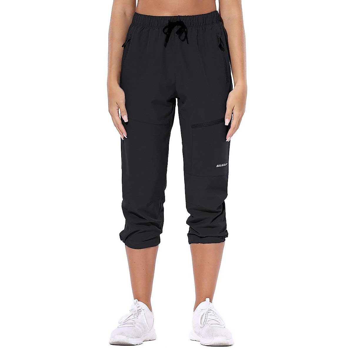 BALEAF Women's Hiking Cargo Capris Outdoor Lightweight Water Resistant Pants UPF 50 Zipper Pockets Black Size L