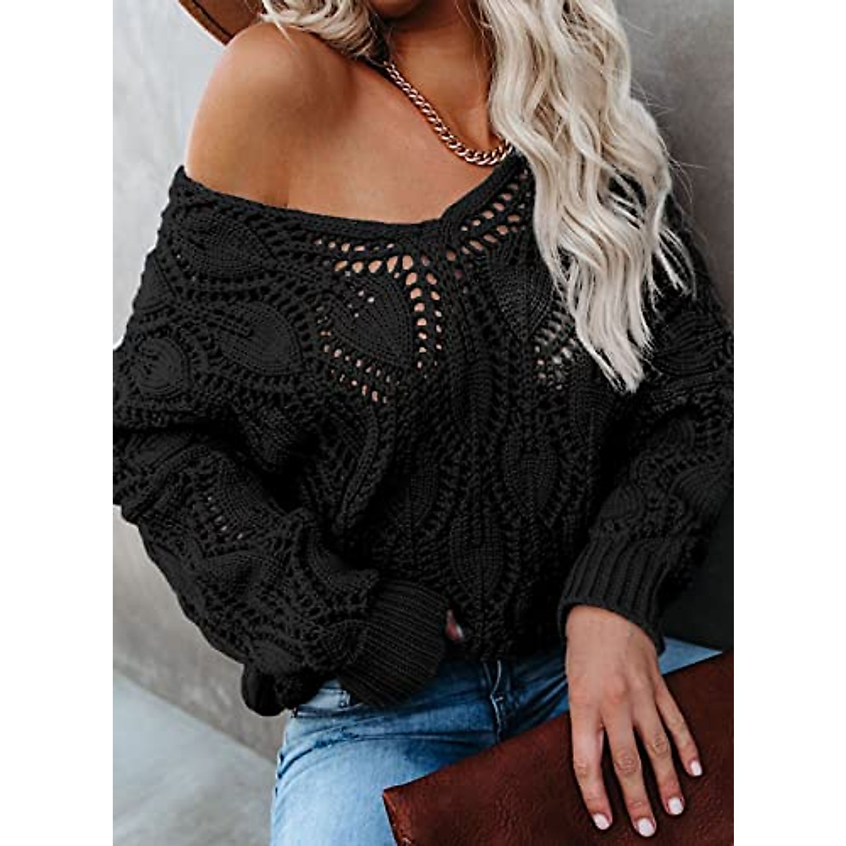 AlvaQ Womens Crochet Sweaters Cute V Neck Long Sleeve Hollow Out Cable Ribbed Knit Pullover Jumper Tops Fall Fashion 2023 Black Large