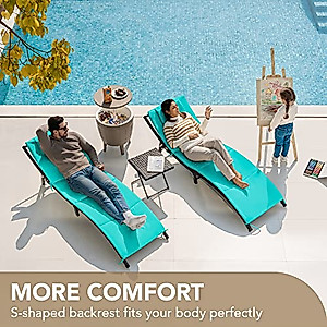 Devoko Patio Chaise Lounge Sets Outdoor Rattan Adjustable Back 3 Pieces Cushioned Patio Folding Chaise Lounge with Folding Table (Blue)