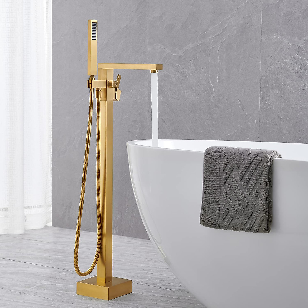 Wowkk Freestanding Bathtub Faucet Tub Filler Brushed Gold Floor Mount Bathroom Faucets Brass Single Handle with Hand Shower
