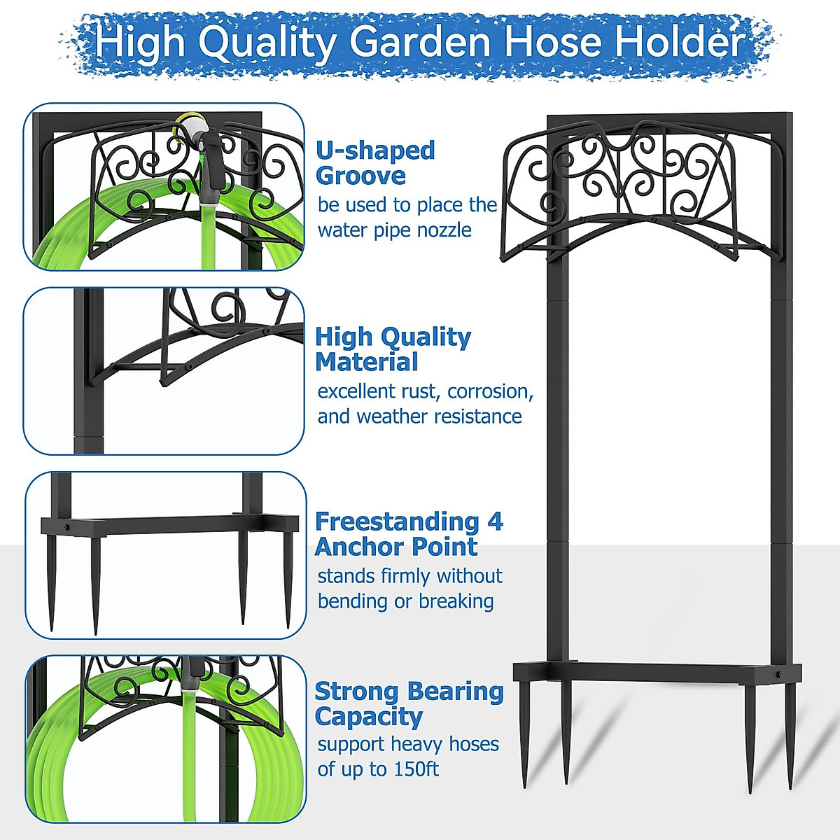 JessYo Garden Hose Holder Stand Water Hose Caddy with 4 Spikes, Freestanding Heavy Duty Metal Hose Storage Holds 150-feet Hose, Outdoor Hose Rack Hose Hangers for Outside Yard Lawn, Black