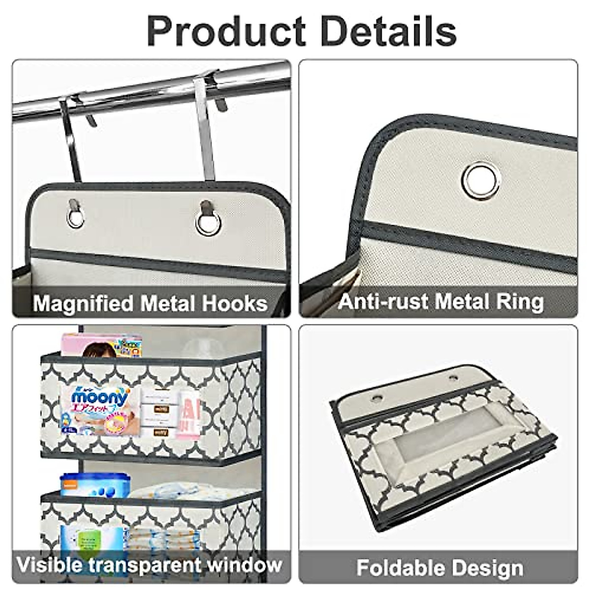 homyfort Over the Door Organizer, Hanging Storage Organizer with 5 Large Pockets & Clear Window for Nursery,Baby Diapers,Bathroom,Closet,Pantry,Dorm,Kids (Beige)