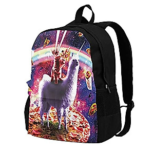 ayvcxui Laser Eyes Pizza Outer Space Cat Riding on Llama Galaxy Backpack Unisex Double Shoulder Bag Adjustable Shoulder Stra Large Capacity Laptop Bagpack 16.5×12.6×5.5in