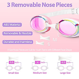 Water Space Swim Goggles Swimming Goggles for Kids Youth Junior Teens 6-14 8-12 4-7, Kids Goggles No Leak UV Protection Waterproof Mirrored Flat Lens Goggles with Nose Piece, Pool Water Clear Goggles