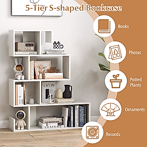 Tangkula S-Shaped Bookshelf, 5-Tier Modern Geometric Stepped Bookcase with Anti-Tipping Kits, Freestanding Corner Ladder Display Rack for Living Room Home Office (1, White)