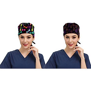 ZDZDY 2Pcs Fashion Working Caps with Buttons Adjustable Sweatband Tie Back Working Hats for Women Men(Dragonfly-Butterfly)