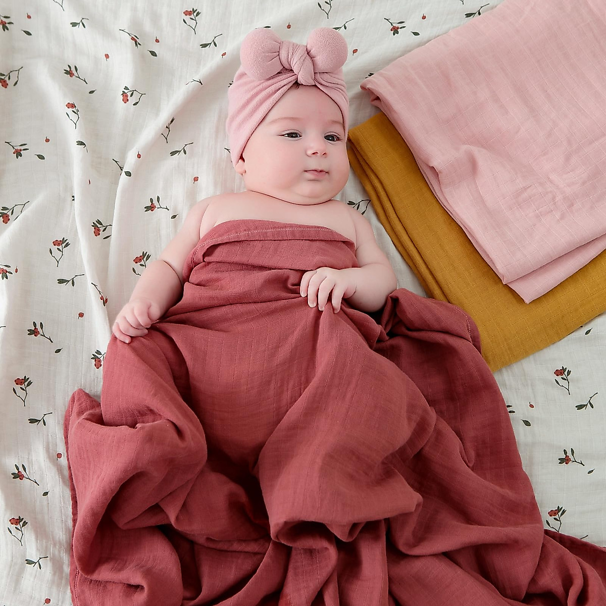 POMISO Muslin Swaddle Blankets for Boys & Girls, Soft Breathable Swaddling Blankets, Large 47" X 47" inches Baby Muslin Swaddles, 4 Pack Red Berries/Earthy Colors