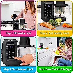 EVLA'S Double Baby Food Maker, Food Processor with 2 Steaming Baskets, Blender, Grinder, Steamer, Cooks & Blends Healthy Homemade Baby Food in Minutes, Touch Screen Control, with 6 reusable food pouches, Dark Gray