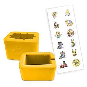 BPA-FREE Car Seat Belt Buckle Booster Yellow - Keeps Your Receptacle Stable & Upright – with Kid Safety Sticker Set Gift (2-Pack, Combo Pack (1 Tall + 1 Short))