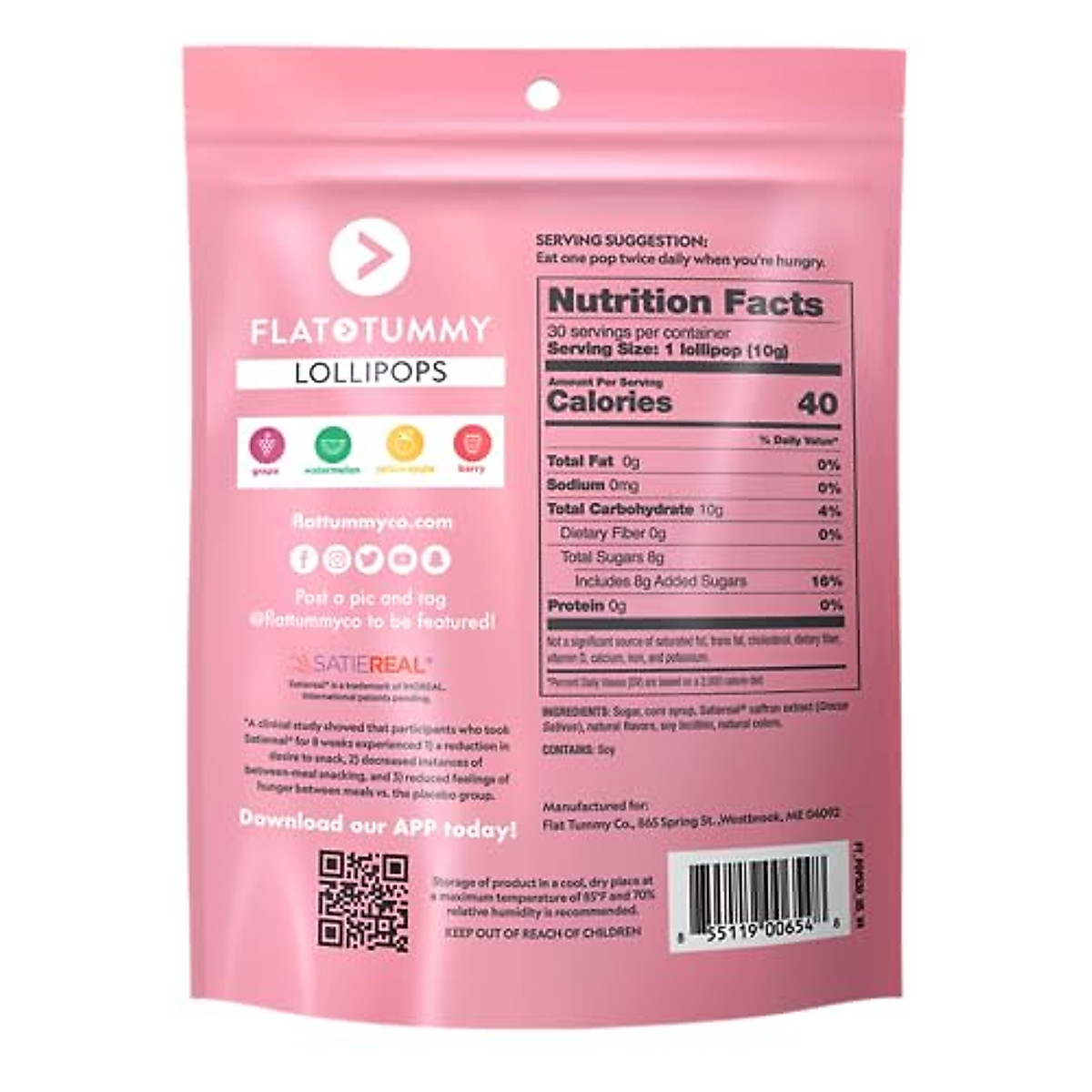 Flat Tummy Lollipops, Pack of 30 – Crush Cravings and Avoid Unwanted Calories - Apple, Grape, Watermelon & Berry – Delicious Low Calorie Diet Candy – Clinically Proven Ingredient