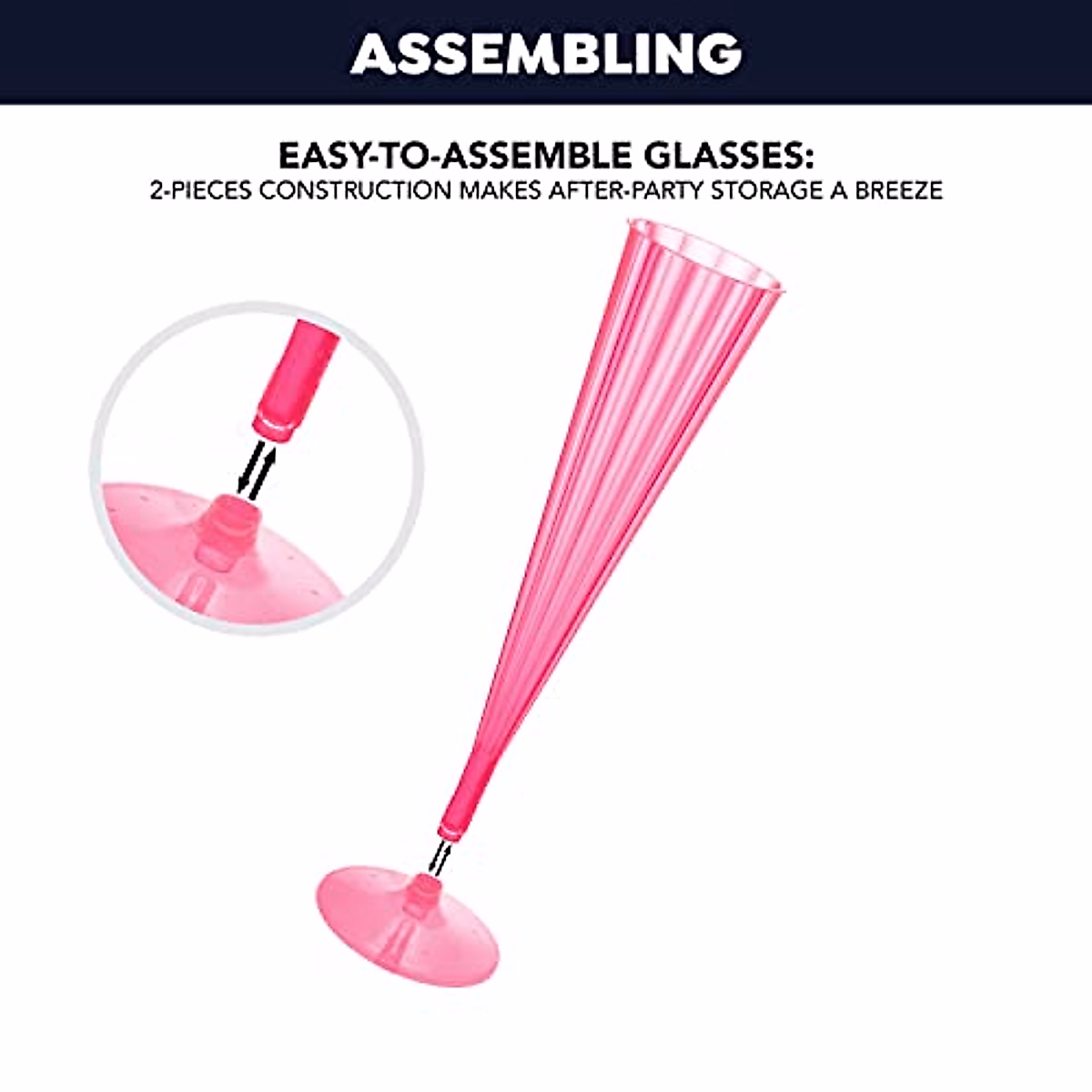 Party Essentials 20Count Hard Plastic Twopiece 5 oz Champagne Flutes, Neon Pink