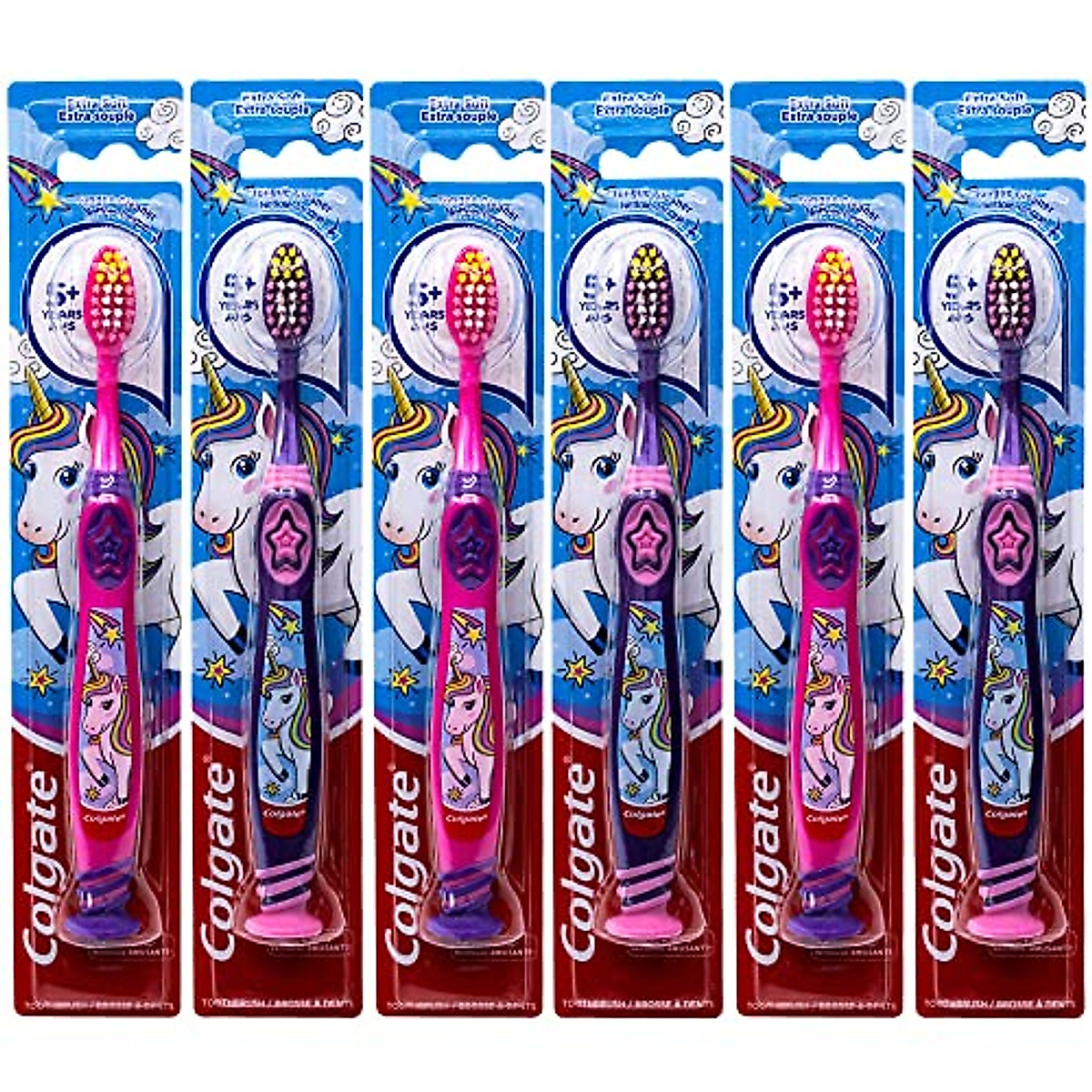 Colgate Kids Unicorn Toothbrush, Extra Soft for Children 5+ Years Old - Pack of 6