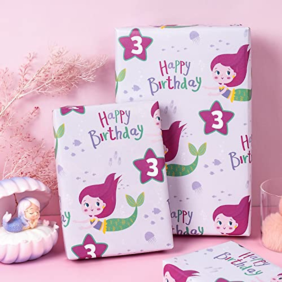 WRAPAHOLIC 3rd Birthday Wrapping Paper - Mini Roll - 17 Inch X 16.5 Feet - Adorable Mermaid and Happy Birthday Lettering Design for Party, Baby Shower