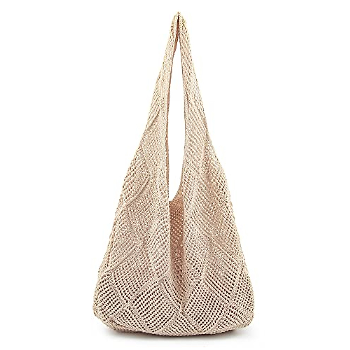 Stizimn Crochet Tote Bag for Women Shoulder Bag Handbags Knitting Hollow Hobo Bag Aesthetic Handmade Weaving Large Capacity (Diamond-shaped Hollow Beige)