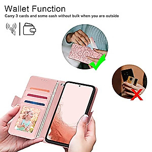 Petocase Samsung Galaxy S22 Wallet Case - Embossed Mandala Floral Leather, Wristlet Shockproof, ID & Card Slots, Rose Gold