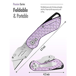 FantastiCAR Folding Utility Knife Cute Box Cutter, Chic Pattern on Metal Body with Extra 5 Blades (Purple-Hearts)