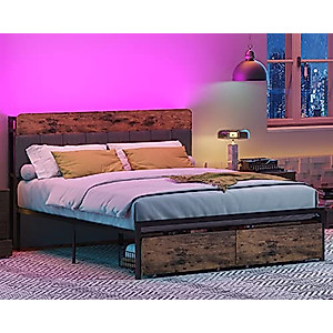 LIKIMIO Queen Bed Frame, with Storage Headboard, Drawers, LED Light, Charging Station, Sturdy, Noiseless, No Need Box Spring, Easy to Assemble