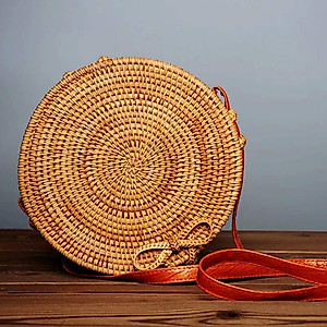 Kbinter Handwoven Round Rattan Straw Bag for Women Shoulder Leather Button Straps Natural Chic Handmade Boho Bag Bali Purse (Bow-Tie)