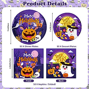 150 Pcs Halloween Plates and Napkins Sets - Cute Happy Halloween Party Supplies Tableware, Halloween Disposable Paper Plates Napkins Set for Halloween Birthday Party Decorations Favors, Serve 50