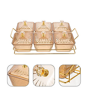 KICHOUSE Snacks Dish Serving Platter 6 Grid Snack Bowl with Metal Rack Tray Chip and Dip Serving Set Divided Candy and Nut Platter Fruit Snack Containers Relish Tray