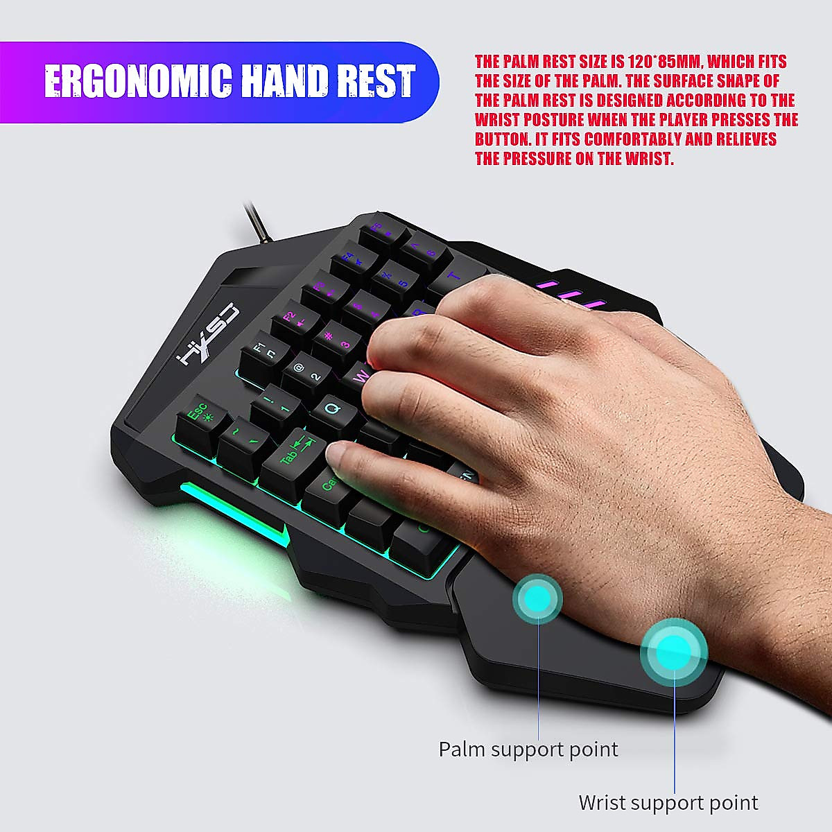 HXSJ V100 one-Handed Colorful Backlit Keyboard one Hand Mechanical Gaming Keyboard Mini Portable Wired Game Keyboard
