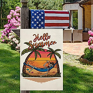 CMEGKE Hello Summer Garden Flag Cool Skull Skeleton Summer Yard Flag Pool Signs Summer Garden Flag Beach Party Vertical Double Sided Burlap Party Holiday Yard Home Farmhouse Outside Decor 12.5 x 18 In