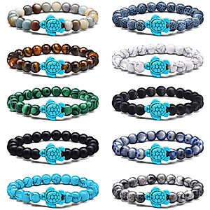Hicarer 10 Pieces Turtle Beads Bracelet Natural Stone Elastic Friendship Bracelet Hawaii Summer Beach Bracelets for Women Men