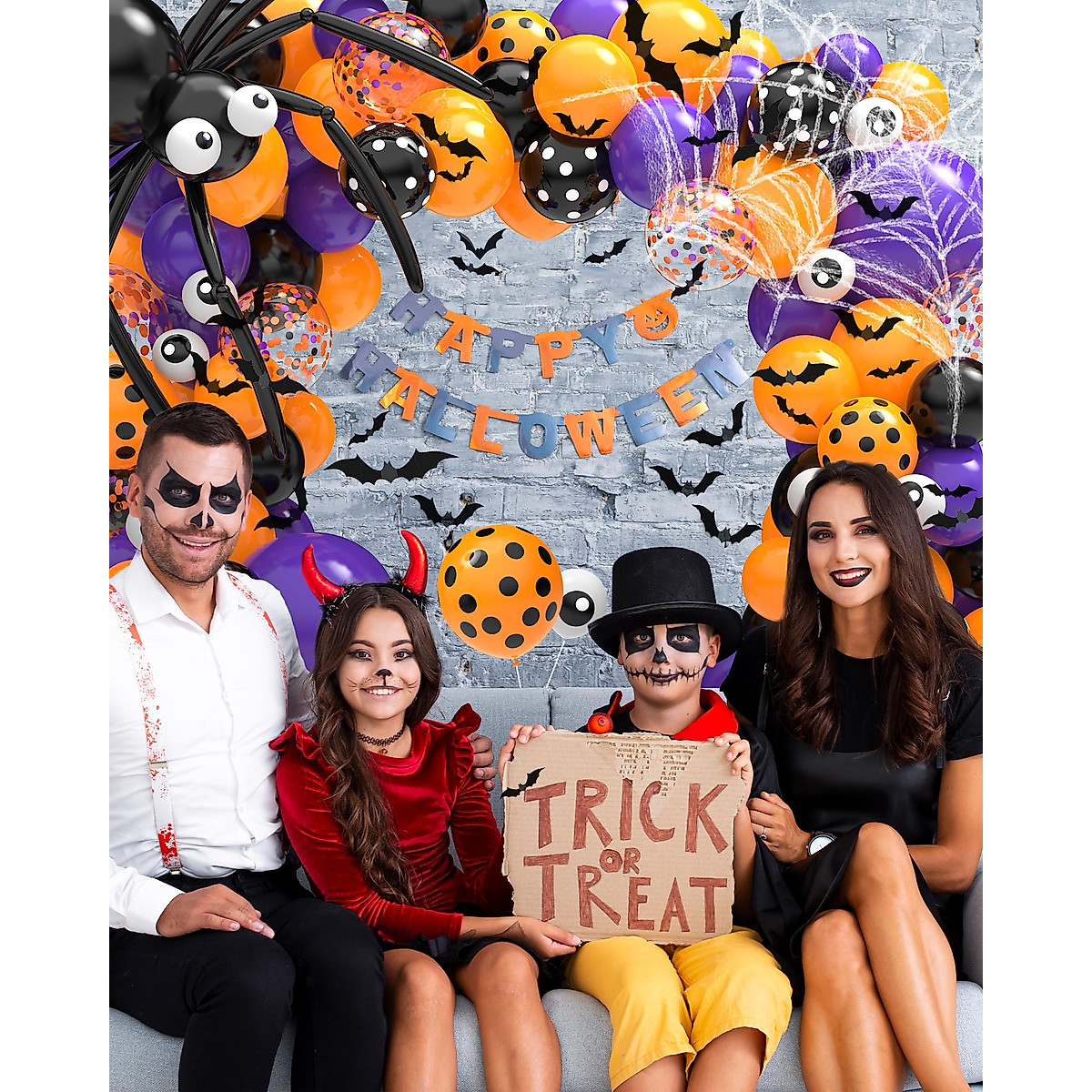 Gojmzo Halloween Balloon Garland Arch Kit, Purple Orange and Black Confetti Balloons with Spider Web Bats for Halloween Party Decorations, Halloween Decorations Indoor Outdoor