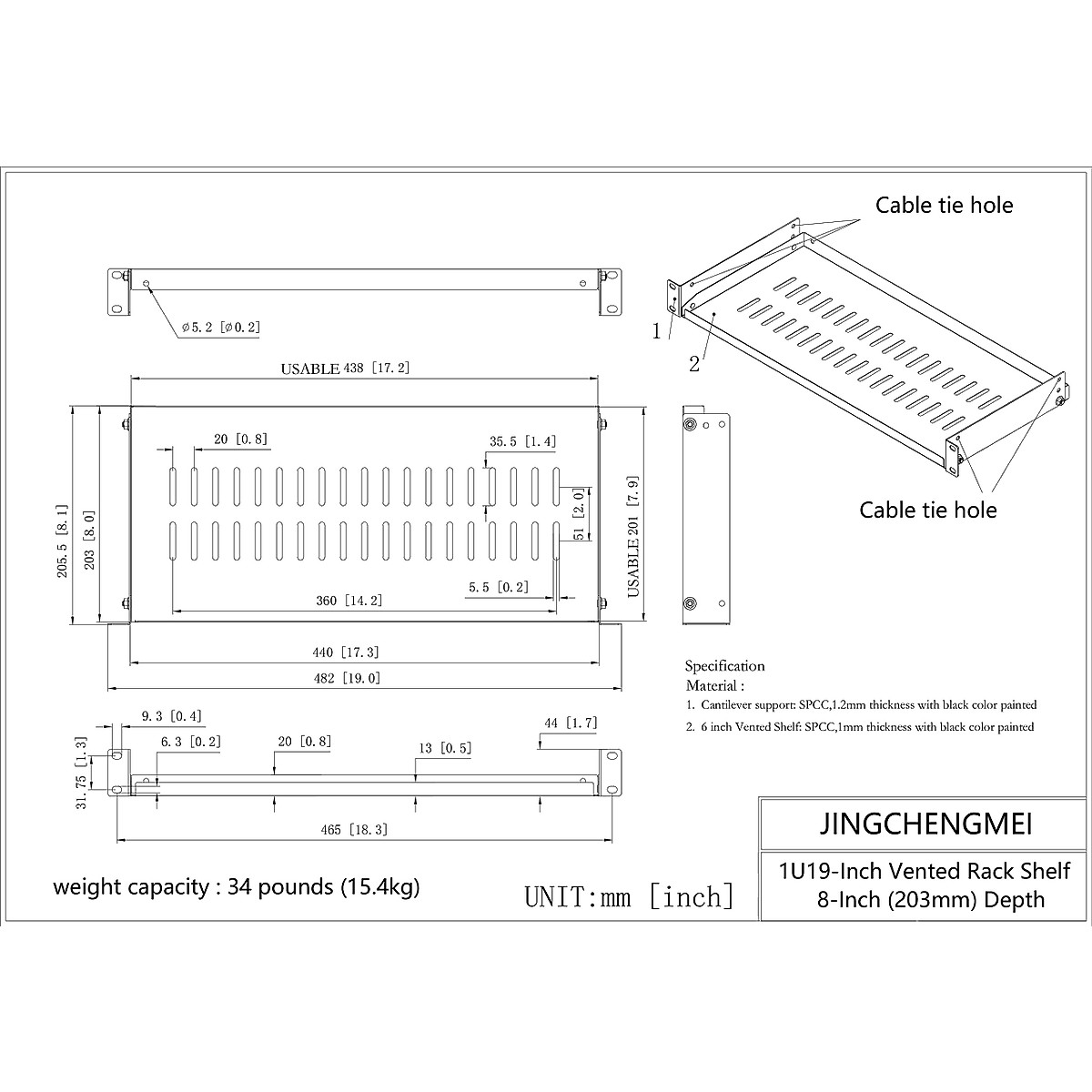 Jingchengmei 2 Pack of 1U Disassembled Vented Cantilever Server Rack Mount Shelf 8" (203mm) Deep for 19" Network Cabinet or Equipment Rack (8V2PC)