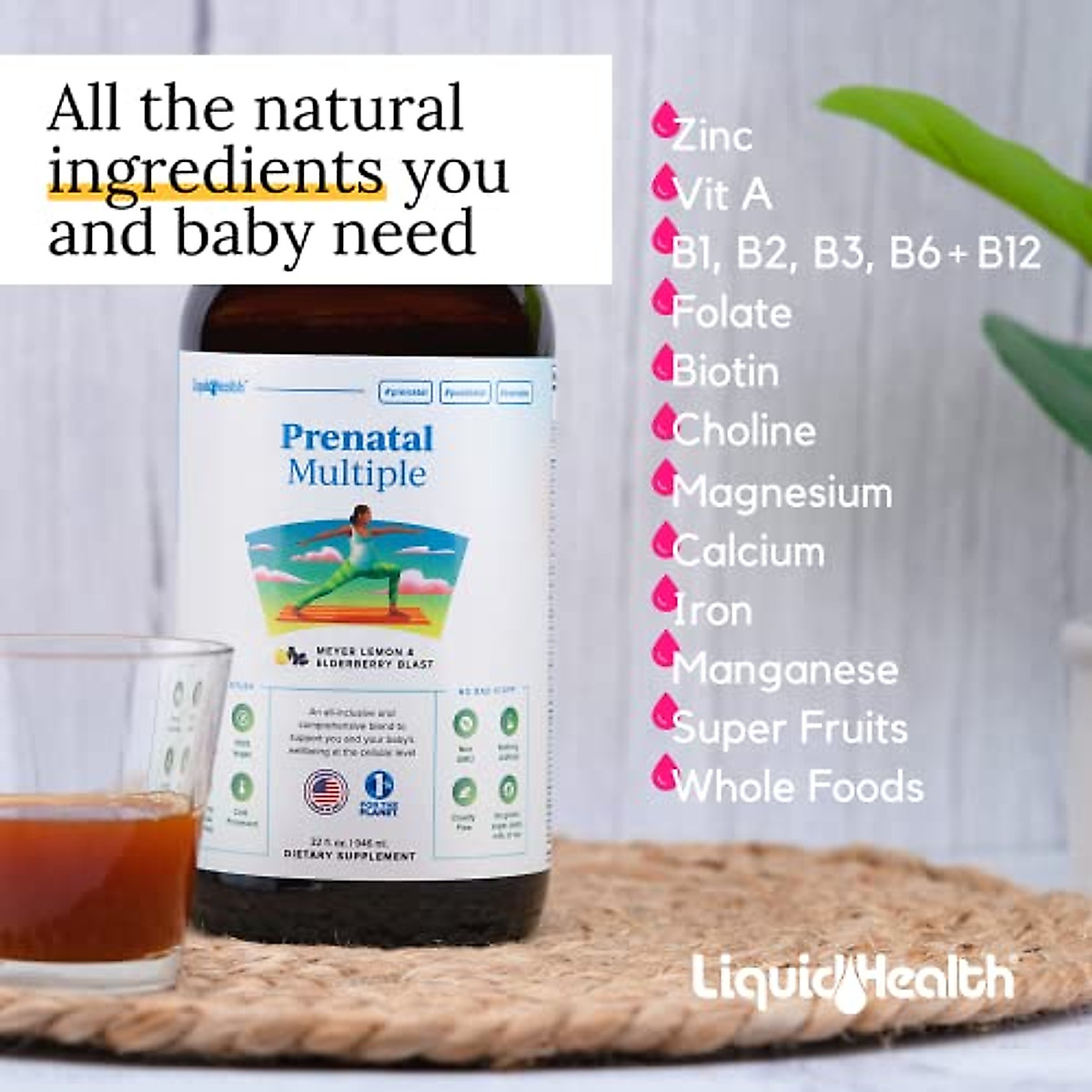 LIQUIDHEALTH 32 Oz Prenatal Vitamin, Postnatal Vitamin & Liquid Women’s Prenatal Multivitamin, Vegan Folate Supplement for Women with Iron, Choline, Calcium, Gluten-Free, Sugar-Free, Dairy-Free