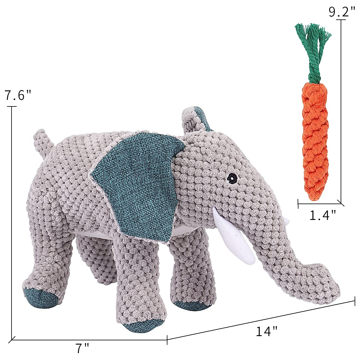 Squeaky Plush Large Dog Toy & Cotton Rope Chew Toy Kit, Cute Elephant Stuffed Toy and Carrot Teething Tug of War Rope Knot Toy Set for Small Medium Large Breed Holiday Birthday Gift (2 Pack)