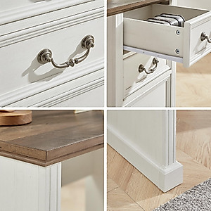 Vagaconl 55in Farmhouse Desk with Outlets, Mid Century Modern Desk with Charging Station File Cabinet, Storage Cabinet, Vintage Computer Writing Desk,Home Office,White and Brown