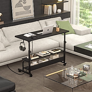 Height Adjustable Standing Desk with Power Outlets, 39" Manual Stand Up Desk with Storage Shelves Small Mobile Rolling Computer Desk Portable Laptop Table with Wheels for Home Office, Black