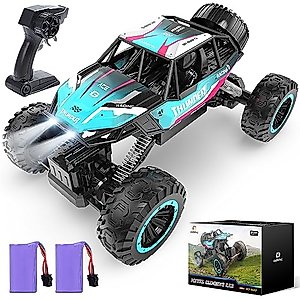 DEERC 1:12 Remote Control Car with Metal Shell, 4WD Off Road Monster Truck, Dual Motors LED Headlight RC Rock Crawler, 2.4Ghz All Terrain Hobby RC Cars Toys for Boys Kids Adults Gifts (W/2 Batteries)
