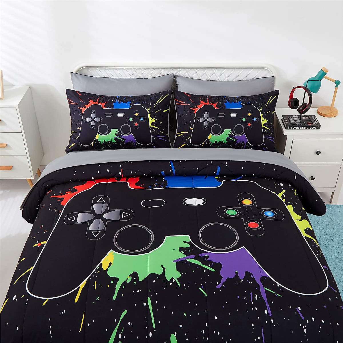KAKKI 5 Piece Boys Queen Gamer Comforter Set with Sheets, 3D Colorful Video Game Controller Comforter for Kids Teen, All Season Soft Microfiber Gaming Bedding Set(Black,Queen)