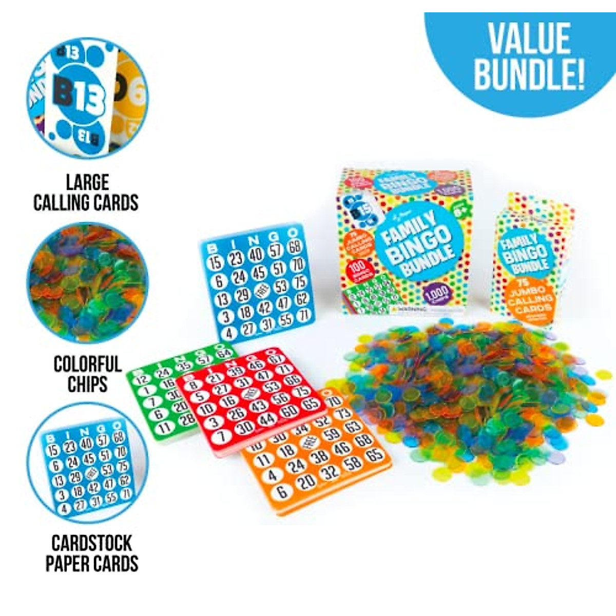 Regal Games - Family Bingo Bundle - Includes 100 Unique Bingo Cards, 75 Jumbo Calling Cards, 1000 Colorful Chips - Fun Family-Friendly Game - Ideal for Large Groups, Parties, Game Nights - Ages 8+