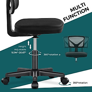 DUMOS Armless Desk Wheels Cute Home Office Arms, Ergonomic Adjustable Swivel Rolling Task, Comfy Mesh Mid Back Computer Work Vanity Chair for Small Spaces, Classic Black