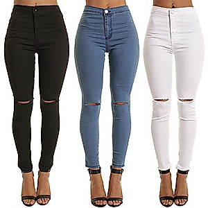 Andongnywell Women's Casual High Waist Ripped Skinny Jeans Slim Distressed Denim Pants with Pockets Trousers (White 1,XX-Large)