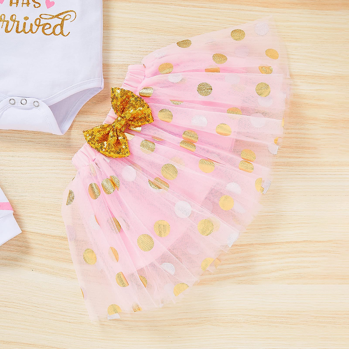 Newborn Baby Girl Skirt Set Infant Letter Print Romper+Tutu Skirt+Headband+Legging Warmer Clothes Outfit (Dot Pink, Newborn)