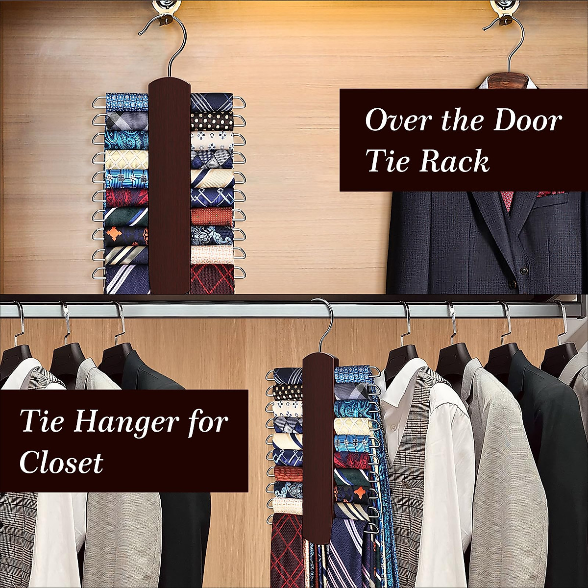 2 Pack Tie Rack for Closet, Premium Wooden Necktie Organizer Storage Tie/Belt Hanger, 360 Degree Swivel Space Saving Ties Holder for Men Hanging 40 Ties, Scarves Red