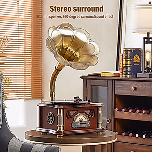 HZLSBL Vintage Gramophone with Bluetooth Output Vintage Record Players Retro Gramophone Turntables for 7" 9" 12" Vinyl Records 3 Speed, Hi-Fi, Handcrafted by Pure Oak (Walnut)