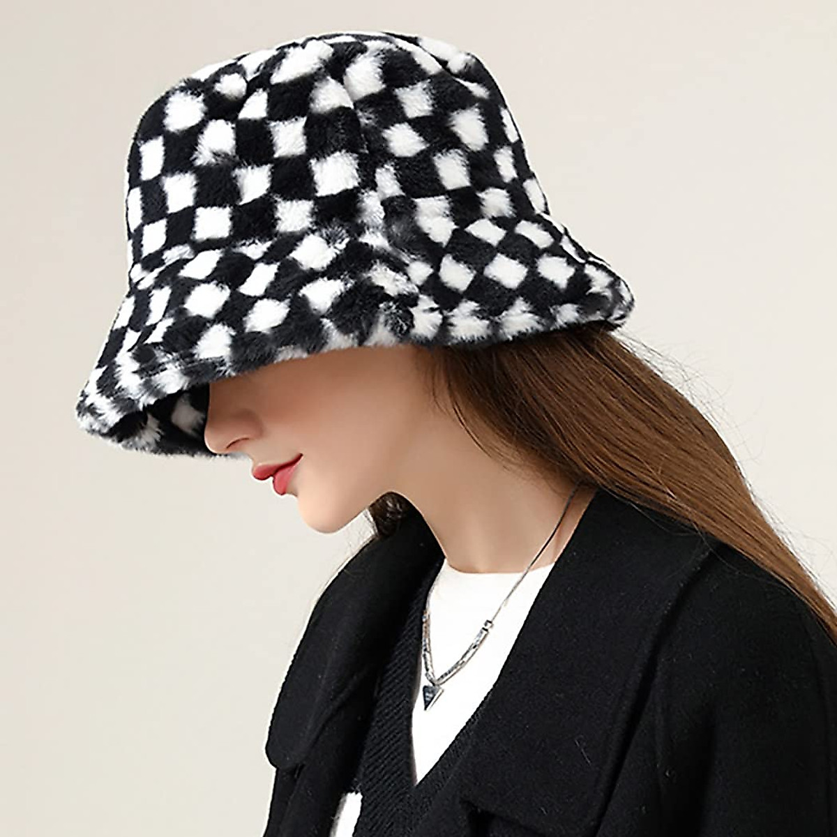 Campsis Winter Faux Bucket Hat Black Checkerboard Wool Fluffy Plush Bucket Hat Thick Fuzzy Fisherman Hat Skiing Cycling Camping Hiking for Women and Girls