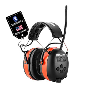 Hocazor HP033 Bluetooth 5.3 Hearing Protection AM FM Radio Headphones, 25dB NRR Noise Reduction Safety Earmuffs with 2000mAh Rechargeable Battery for Mowing Workshops, Orange