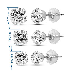 Jewelili 10K White Gold 3MM, 4MM and 5MM Cubic Zirconia 3 Single Stud Earrings Box Set