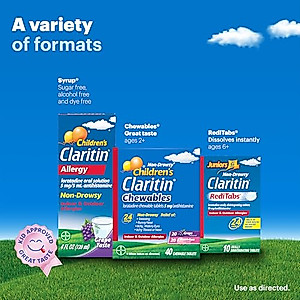 Claritin Children's Chewables 24 Hour Allergy Relief, Non Drowsy Kids Allergy Medicine, Grape Antihistamine Chewable Tablets, For Children 2 Years and Older, 40 Count