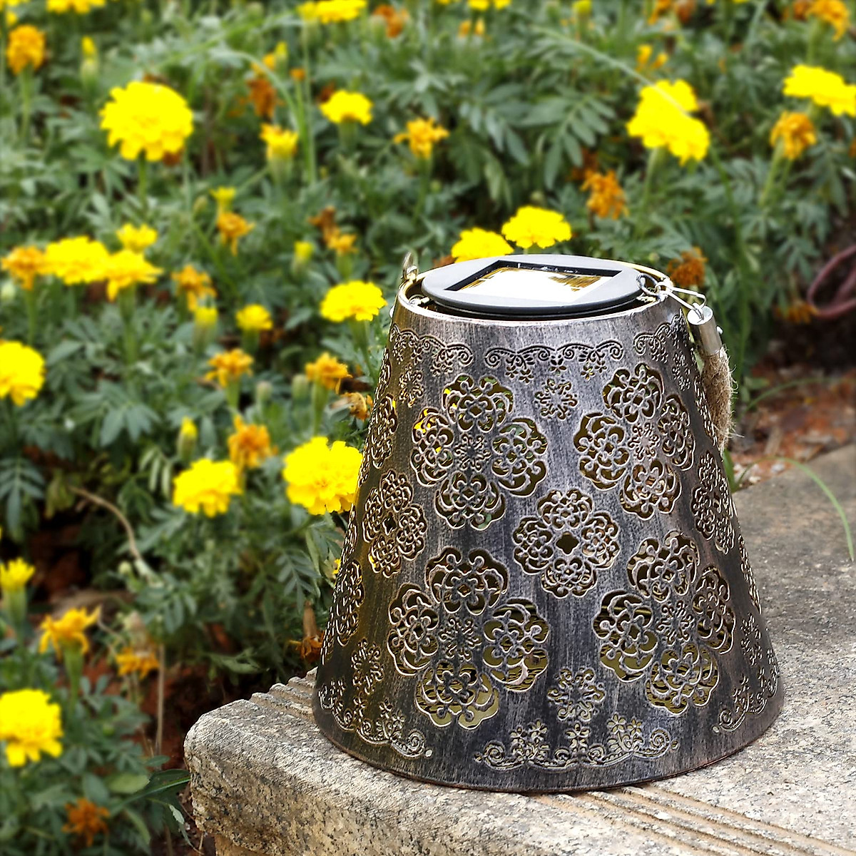 Outdoor Lanterns, Moyisea Hanging Solar Lantern Lights with Rattan Handle and Metal Hollow-Out Flower Lace, Waterproof Decorative Lantern for Patio, Porch, Garden and Tabletop, Bronze