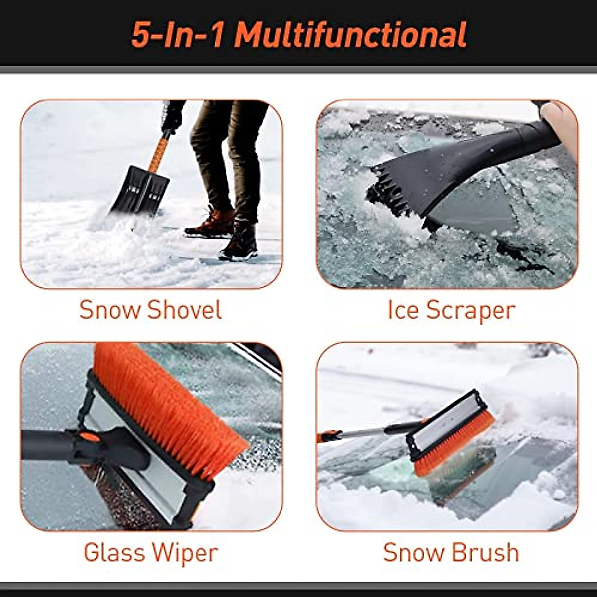 Ice Scraper and Snow Brush for Car Windshield, 29"-39" Extendable Snow Shovel with Ergonomic Foam Grip, 5 in 1 Windows Scraper for Car Snow Scraper and Brush for Truck & SUV