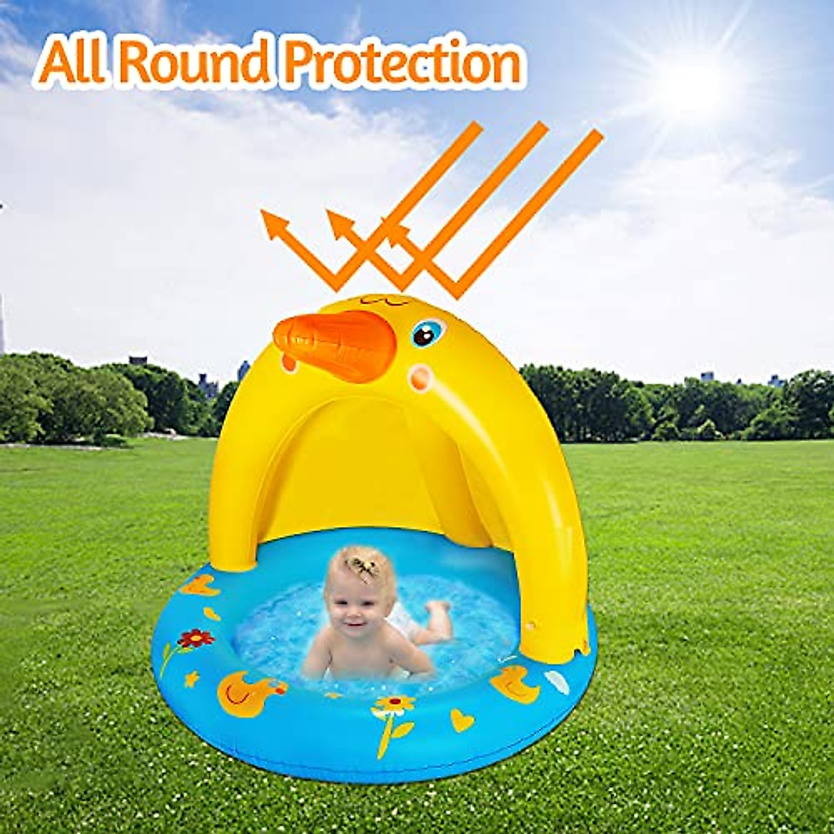 Inflatable Baby Pool with Canopy, Kiddie Splash Duck Pool with Sprinkler Outdoor Water Toys Summer Blow up Swimming Pool Outside Backyard Indoor Gift for Kid Toddlers Boy Girl Age 1-2 1-3 Year Old