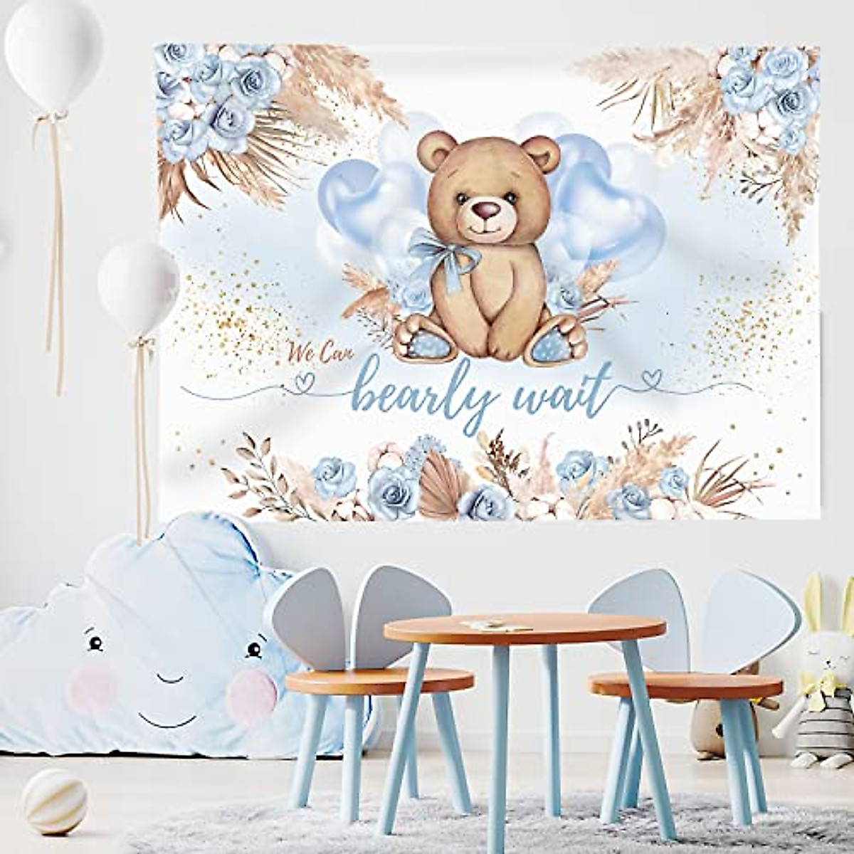 Rsuuinu Boy Bear Baby Shower Backdrop Boho Pampas Blue Flower We can Bearly Wait Photography Background Balloons Bear Baby Shower Backdrops Party Decorations Banner Supplies Photo Booth Props 7x5ft